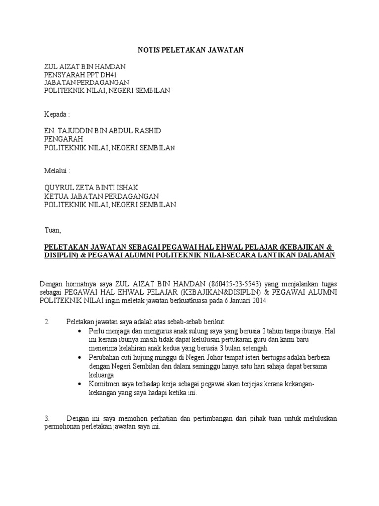 Format Surat Notis Peletakan Jawatan | PDF