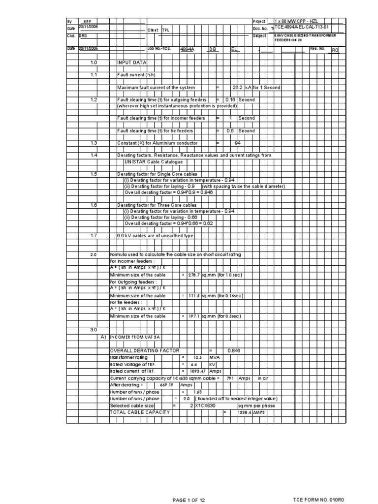 HT Cable Sizing | PDF | Transformer | Cable