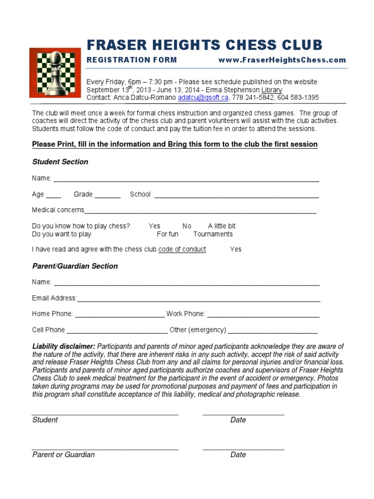 Fraser Heights Chess Club: Registration Form | PDF | Sports & Recreation