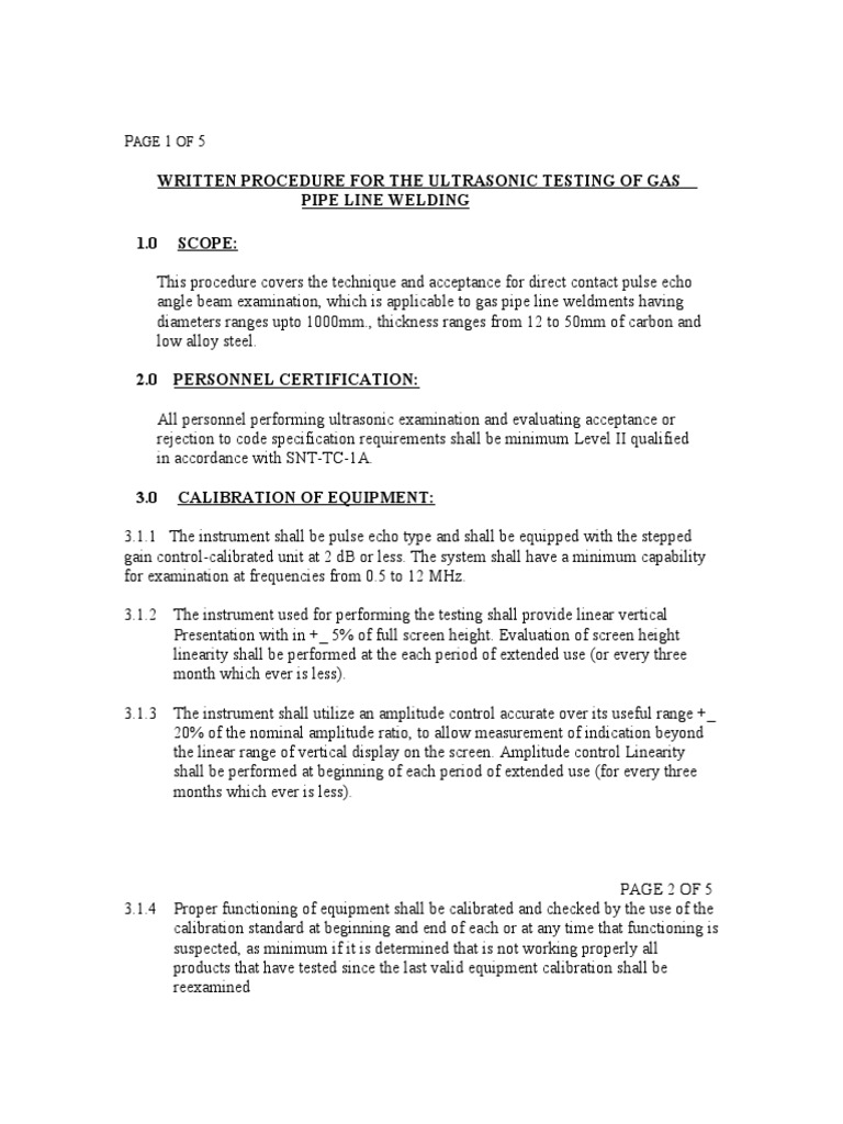 Ut Gas Pipe Line Written Procedure | PDF | Calibration | Ultrasound