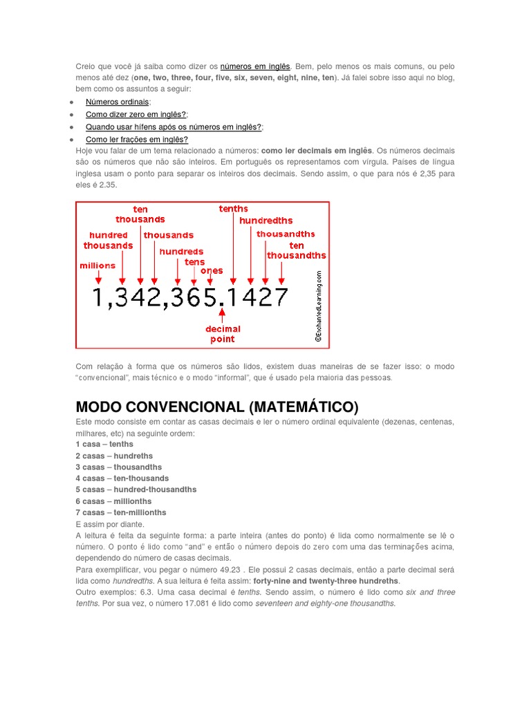 Como Ler Números Decimais em Inglês | PDF | Decimal | Língua inglesa Como Ler Números Decimais em Inglês | PDF | Decimal | Língua inglesa