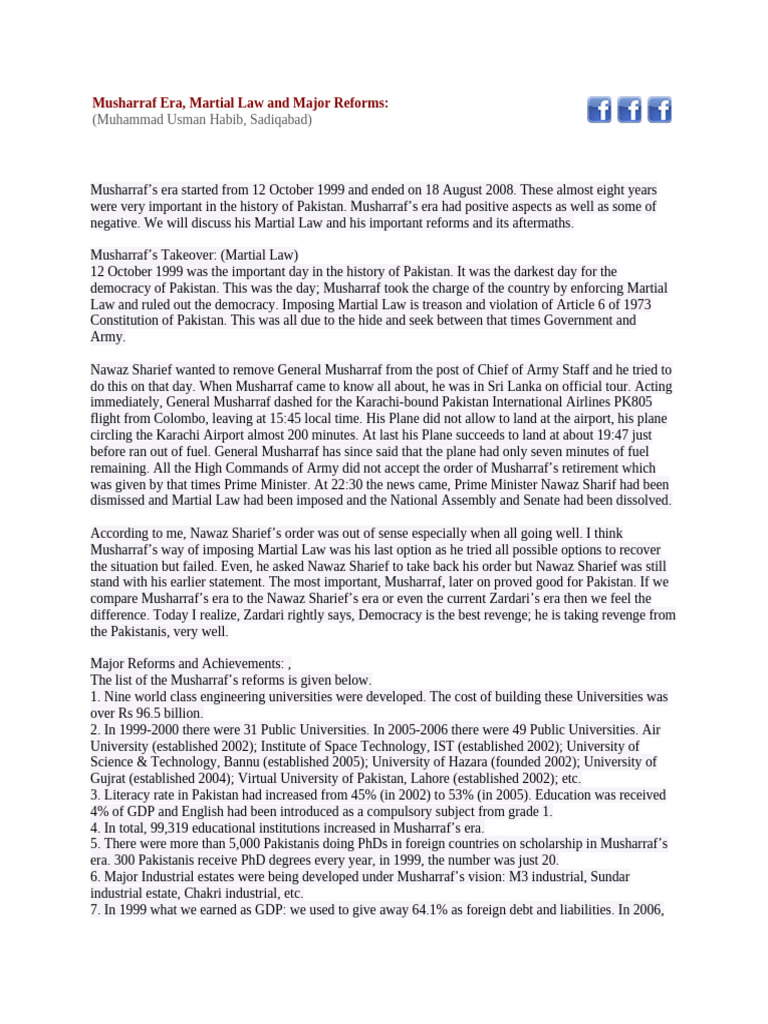 Musharraf Era, Martial Law & Major Reforms | PDF | Pervez Musharraf ...
