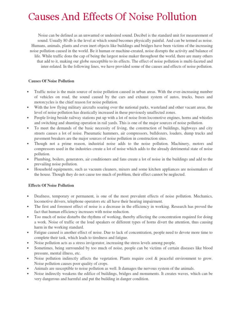 Causes and Effects of Noise Pollution | PDF | Fatigue (Medical) | Pollution