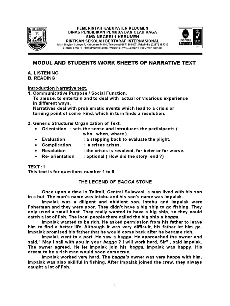 ) Moduls and Students - Worksheets of Narrative Text 1 | PDF ...