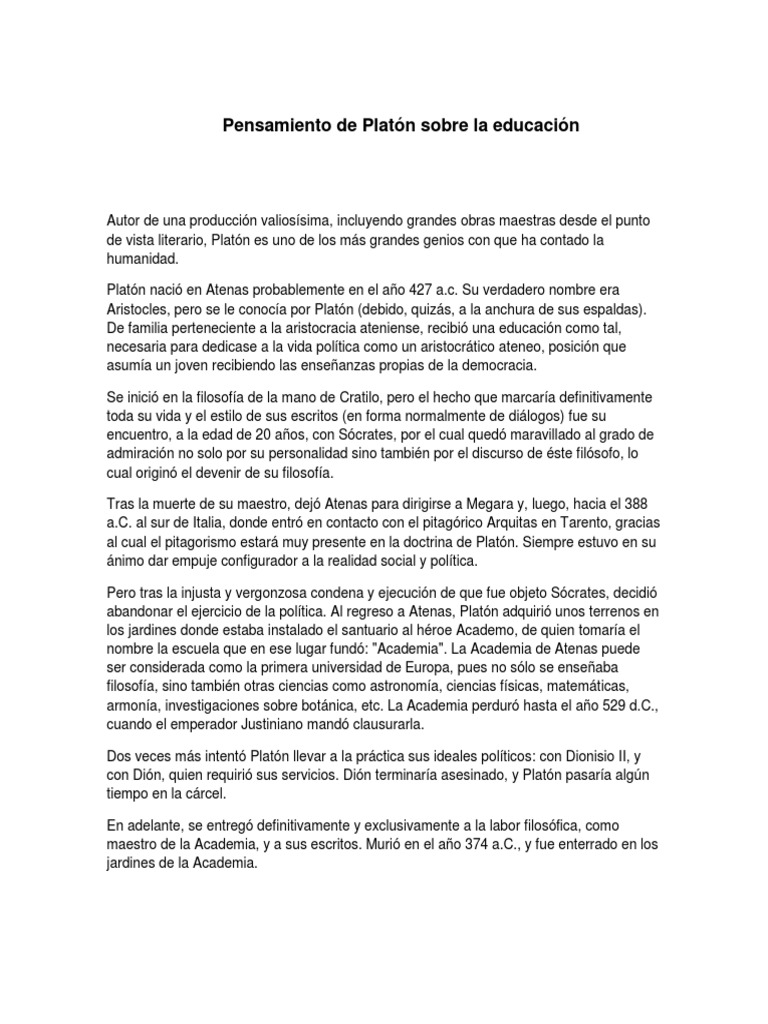 Platon Y La Educacion Pdf Platón Conocimiento