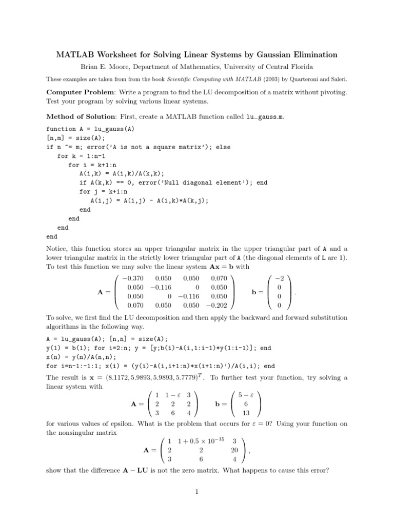 Matlab Program For Linear Eqns | PDF | System Of Linear Equations | Matrix (Mathematics)