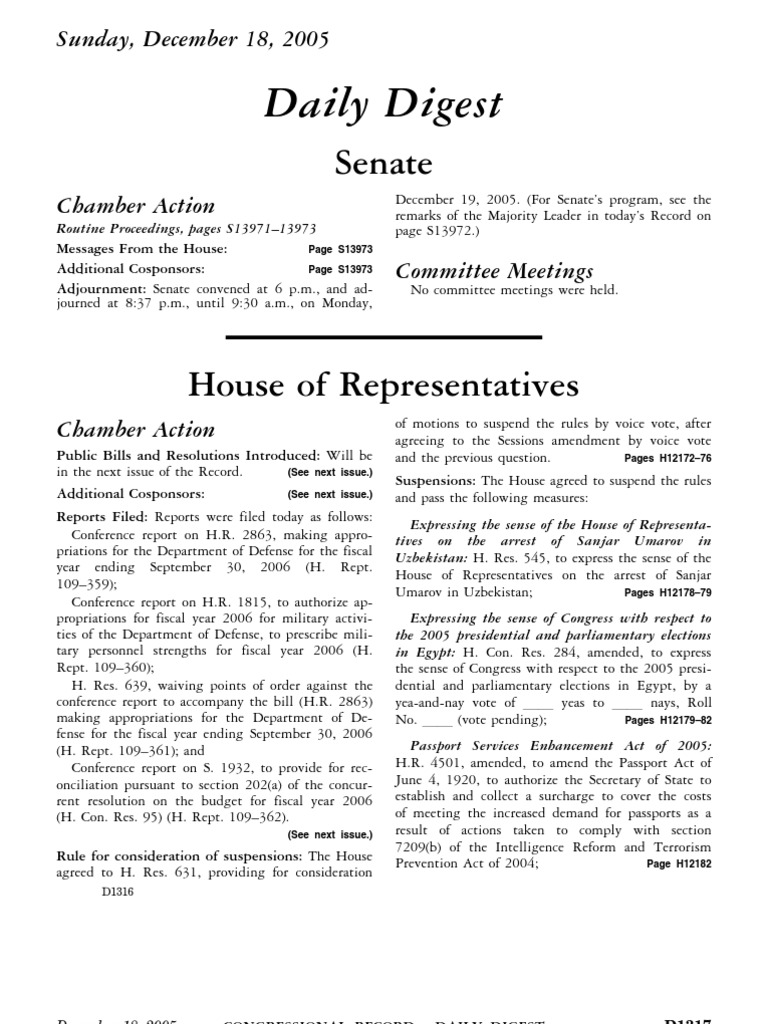 US Congressional Record Daily Digest 18 December 2005 | PDF | United ...