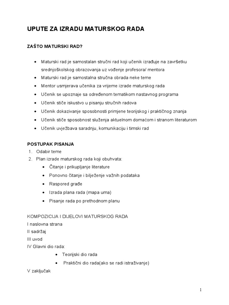 Upute Za Izradu Maturskog Rada | PDF
