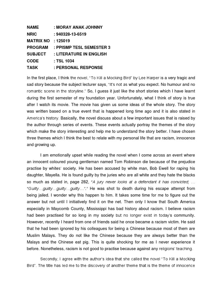 Personal Response ToKillAMockingBird | PDF | To Kill A Mockingbird