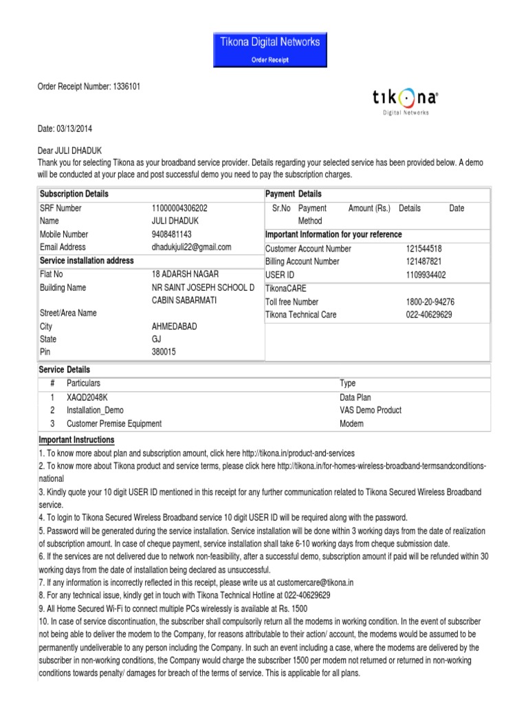 Order Receipt and Installation Instructions for Broadband Service from ...