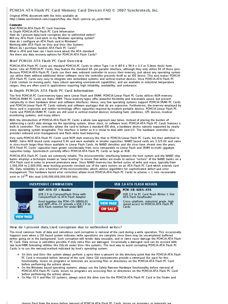 PCMCIA ATA Flash PC Card Memory Card Devices FAQ | PDF | Flash Memory ...