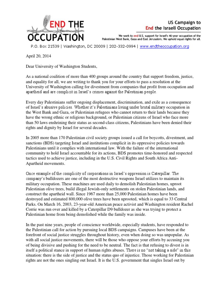 Letter of Support From The US Campaign To End The Occupation | PDF ...
