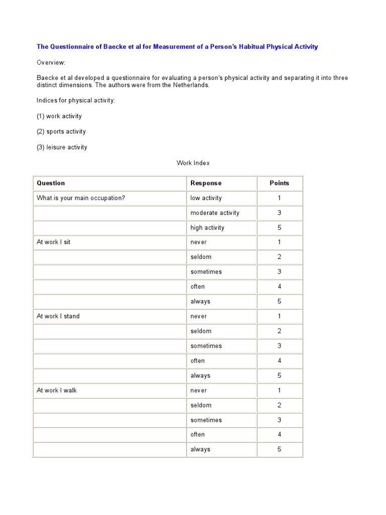 Baecke Questionnaire For Measurement of A Person's Habitual Physical ...