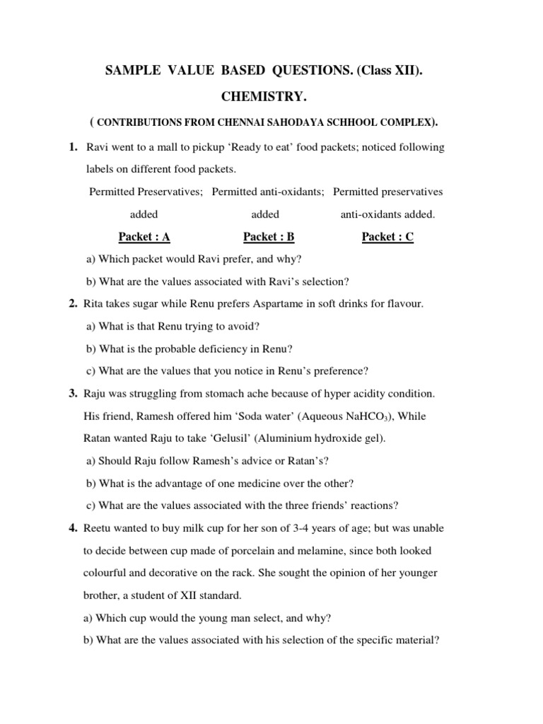 XII Chemistry Sample Value Based Questions - Consolidated From K M ...