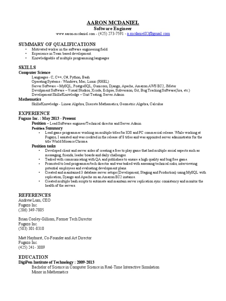Software Engineer Resume - Aaron McDaniel | PDF | Art