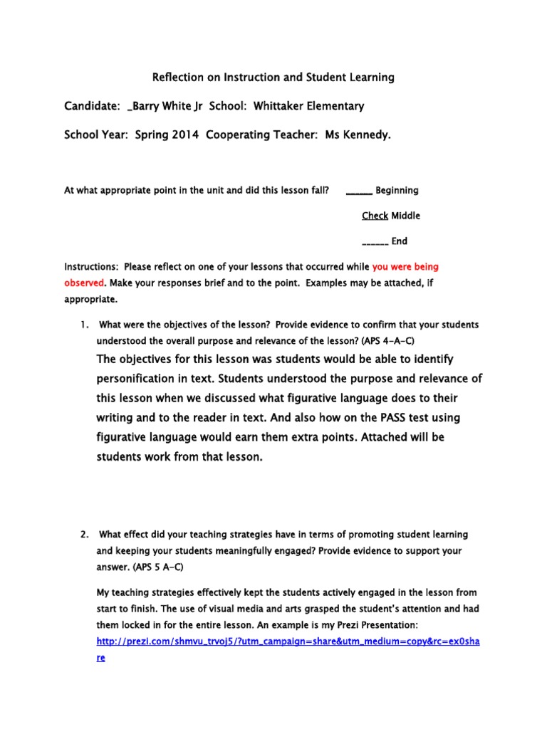 Reflection On Instruction and Student Learning Barry White JR | PDF | Teaching Method | Pedagogy