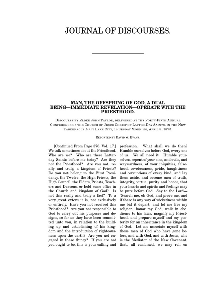 Journal of Discourses.: Man, The Offspring of God, A Dual Being ...