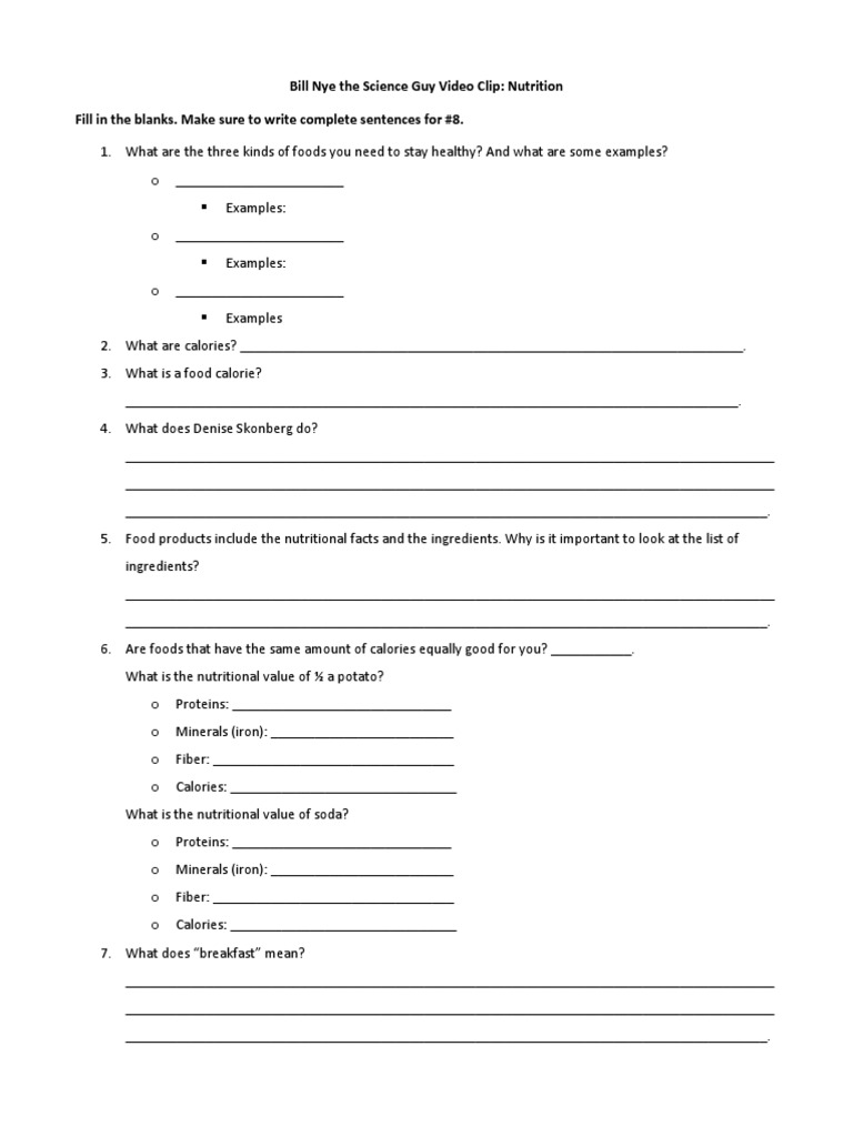 Bill Nye Nutrition Video Worksheet | PDF | Wellness