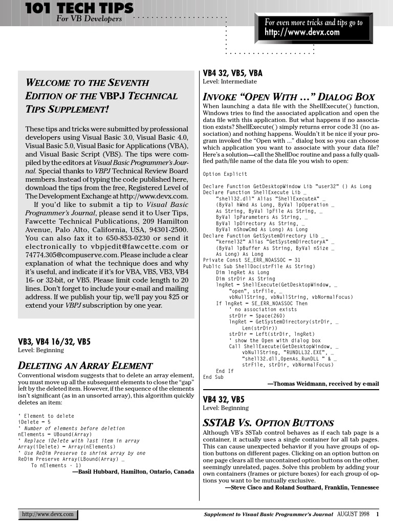 101 Tech Tips For VB Developers 007 | Download Free PDF | Subroutine | Visual Basic For Applications