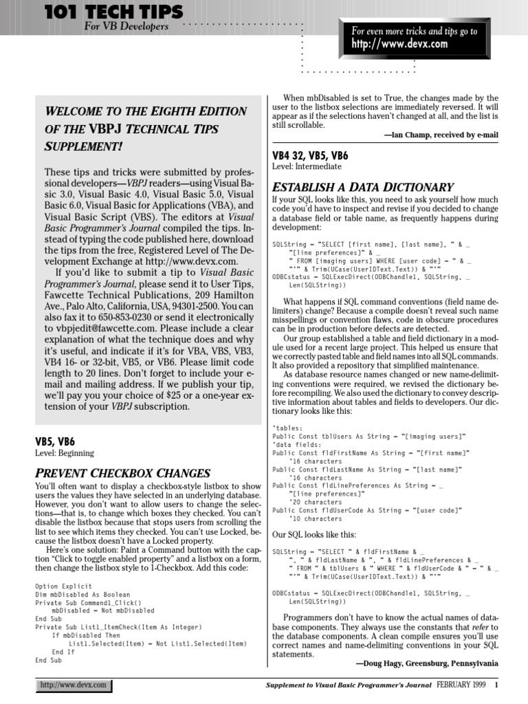 101 Tech Tips For VB Developers 008 | PDF | Subroutine | Pointer (Computer Programming)