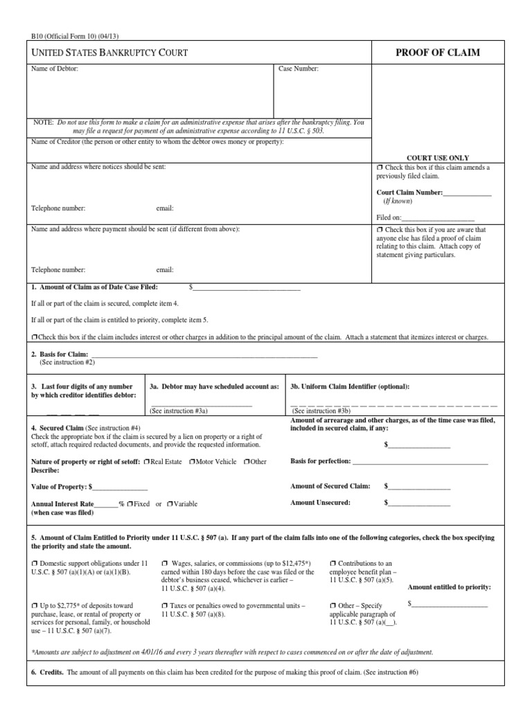 B10 Form: Proof of Claim Instructions | PDF | Bankruptcy In The United ...