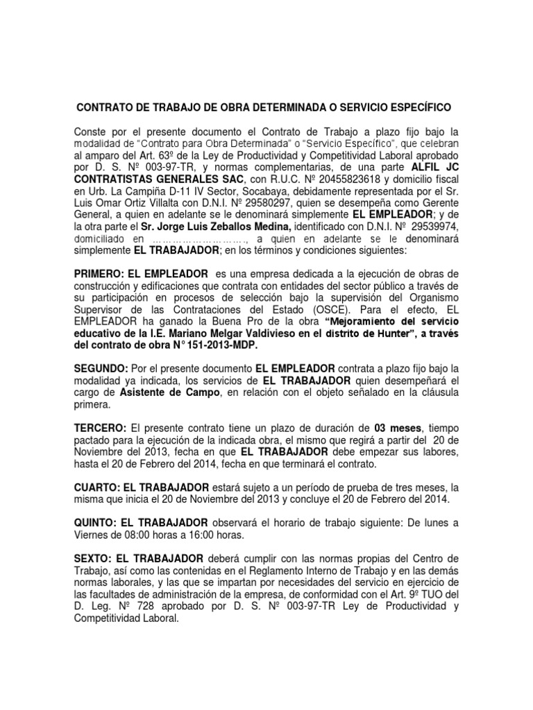 CONTRATO DE TRABAJO DE OBRA DETERMINADA O SERVICIO ESPECÍFICO Jorge Zevallos | PDF | Derecho ...