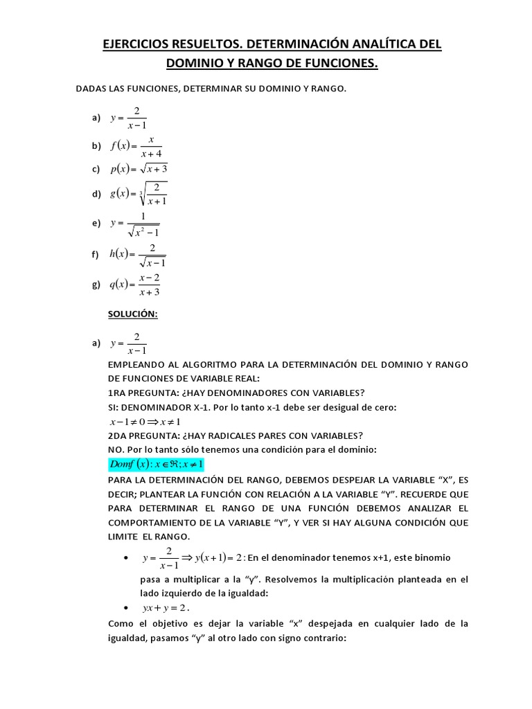 Ejercicios Resueltos Dominio y Rango de Funciones | PDF