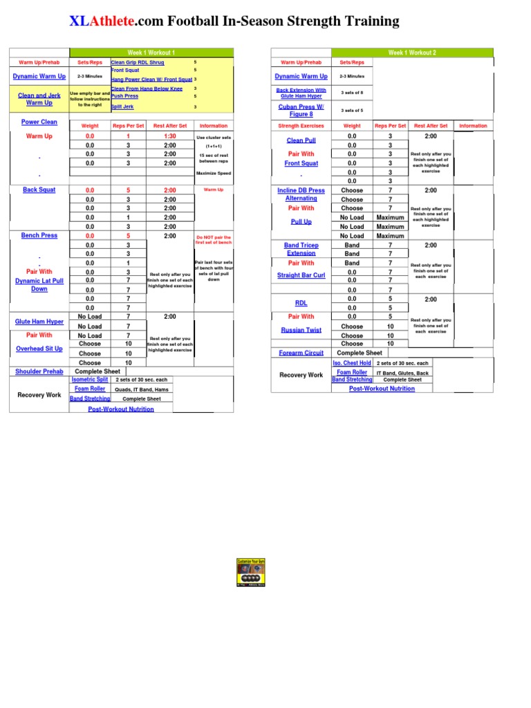 Workout - Sheet - Football In-Season Strength Training | PDF | Strength ...
