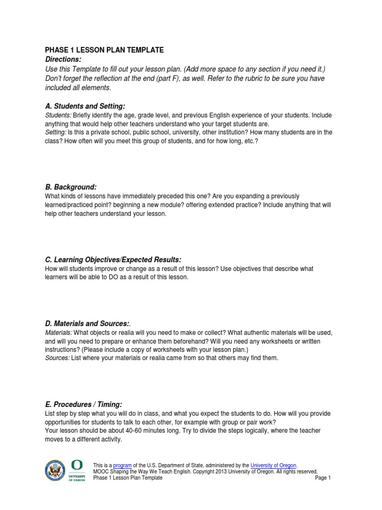 Phase1 Lesson Plan Template-Table-Form PDF | PDF | Lesson Plan | Pedagogy