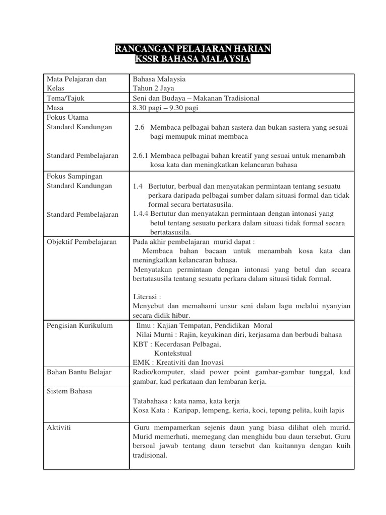 Contoh Lesson Plan BM | PDF