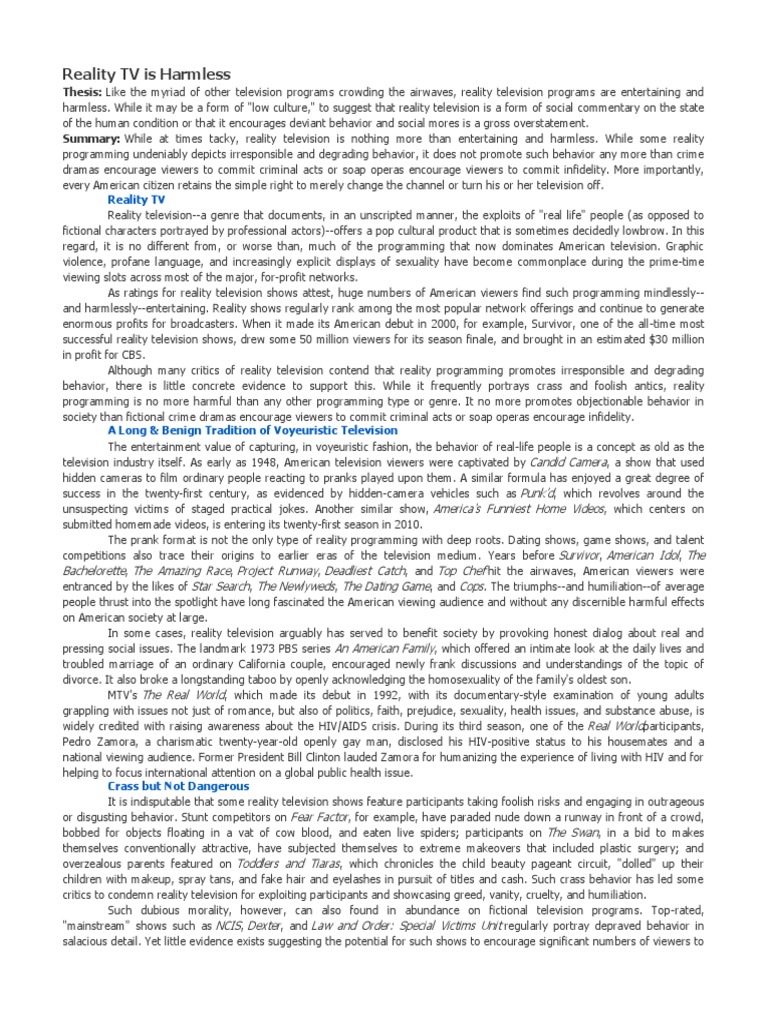 Reality TV: Entertaining and Harmless | PDF | Reality Television ...