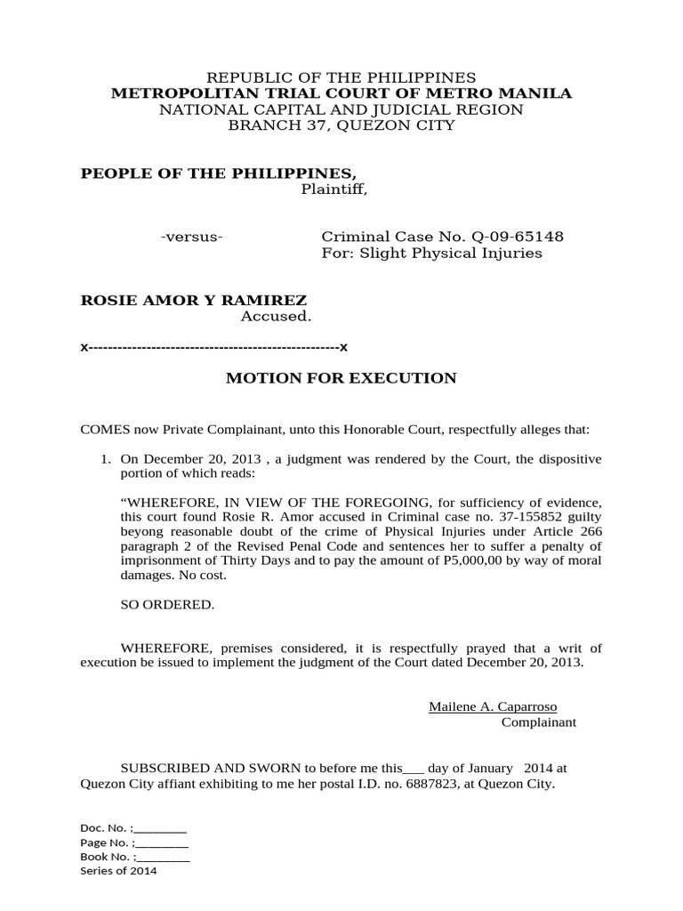 Motion For Execution - Sample Only | PDF