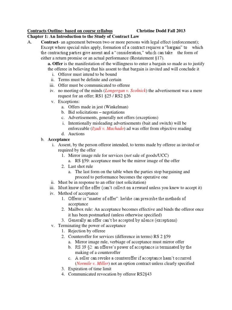 1L Contracts Outline | PDF | Offer And Acceptance | Consideration