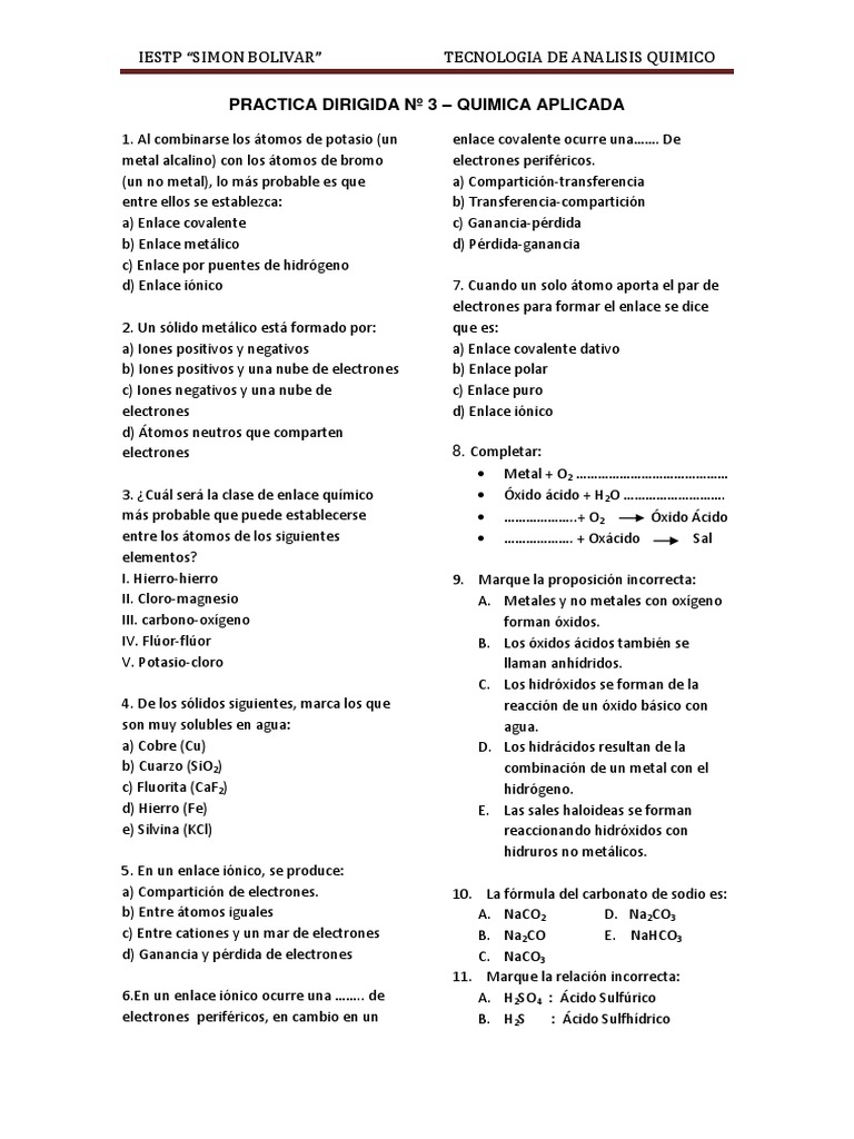 Practica Dirigida No 3 Enlace Quimico | PDF | Enlace químico | Ion