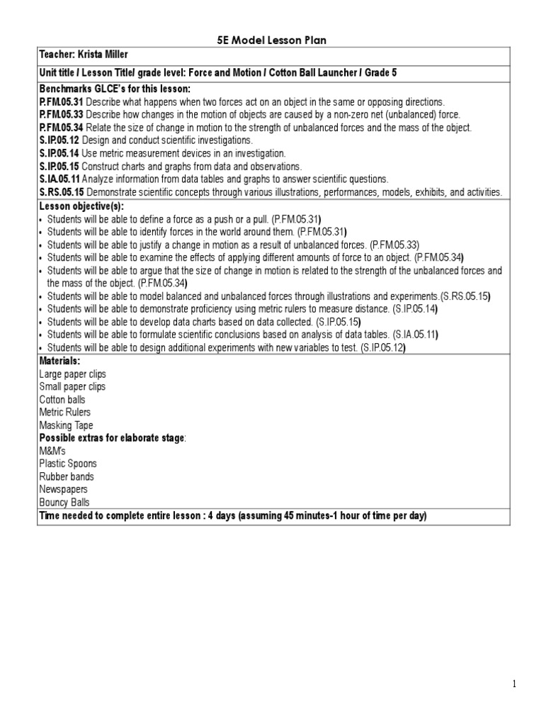 5E Lesson Plan: Force and Motion Grade 5 | PDF | Experiment | Force