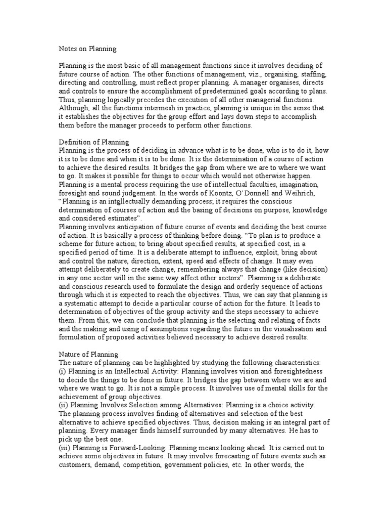 Notes On Planning | PDF | Forecasting | Strategic Planning
