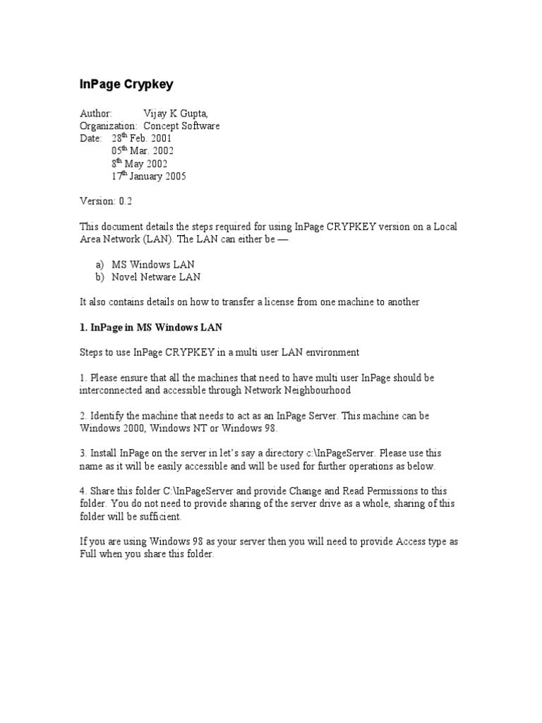 InPage Crypkey LAN Setup Guide | PDF | Floppy Disk | Personal Computers