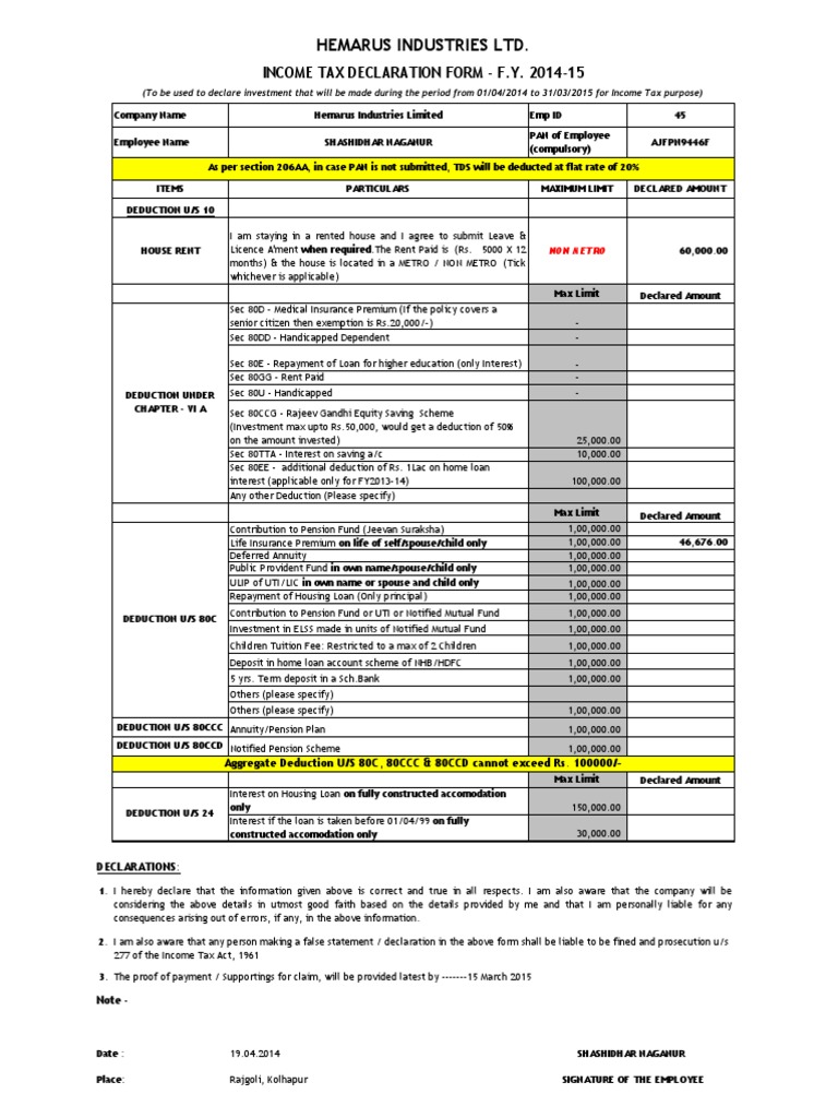 Investment Declaration Form (Hemarus) | PDF | Tax Deduction | Pension