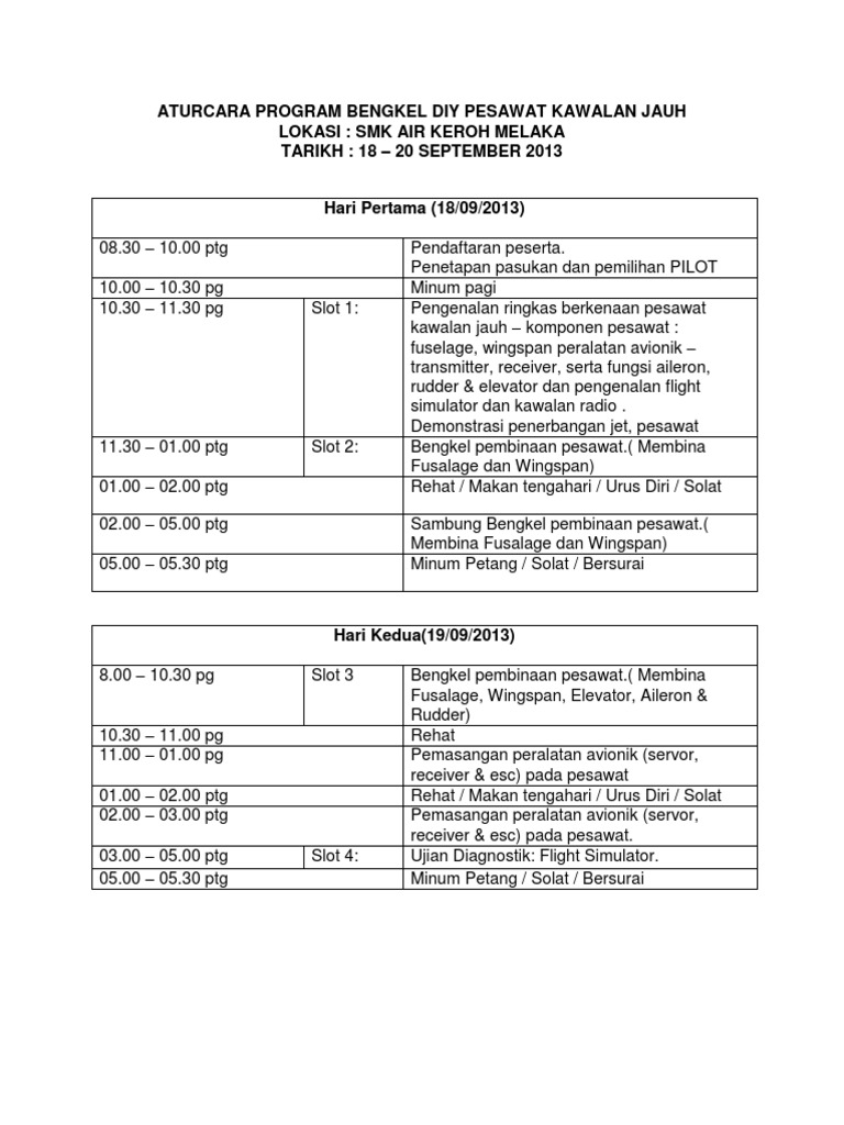Aturcara Program Bengkel Diy Pesawat Kawalan Jauh SMK Air Keroh Rev 1 | PDF