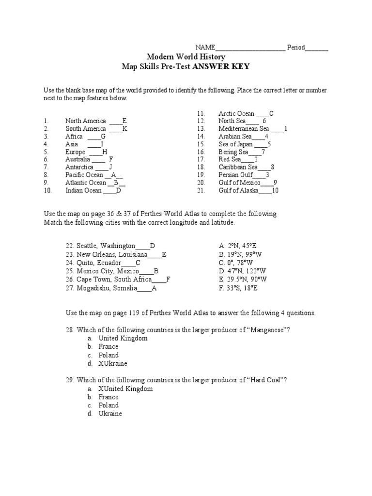 Map Skills Pre and Post Test Answer Key | PDF | North America | Indian ...
