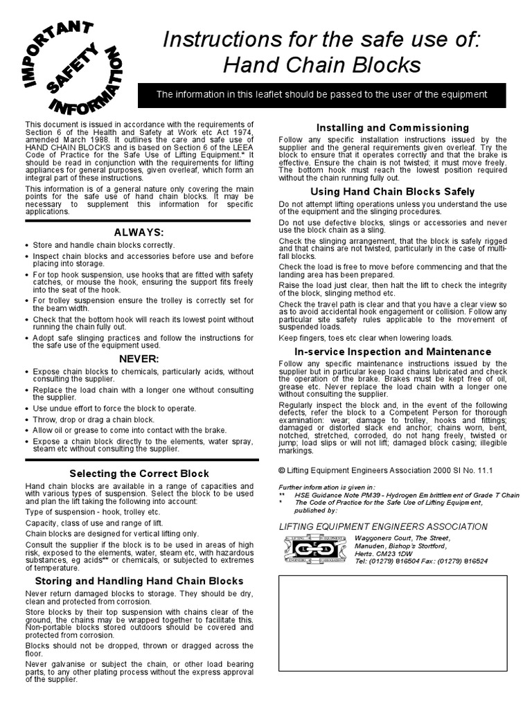 Instructions For The Safe Use Of: Hand Chain Blocks: Installing and ...