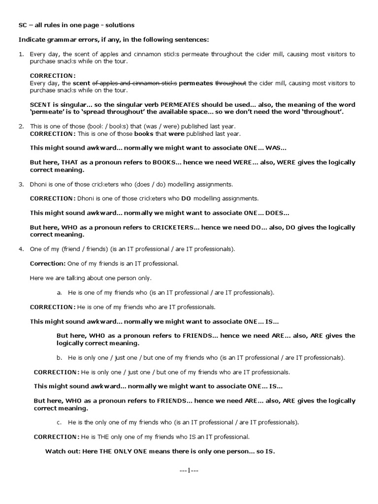 SC - All Rules in One Page - Solutions | PDF | Perfect (Grammar) | Verb