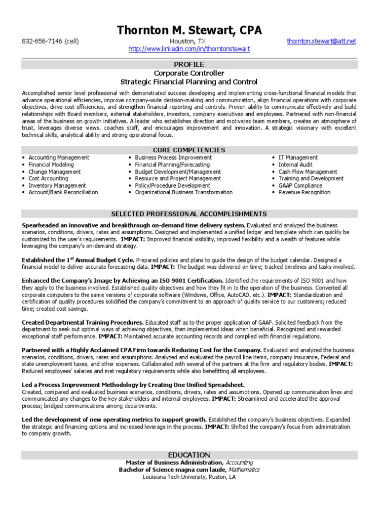 Innovative CFO VP Finance Controller in Houston TX Resume Thornton ...