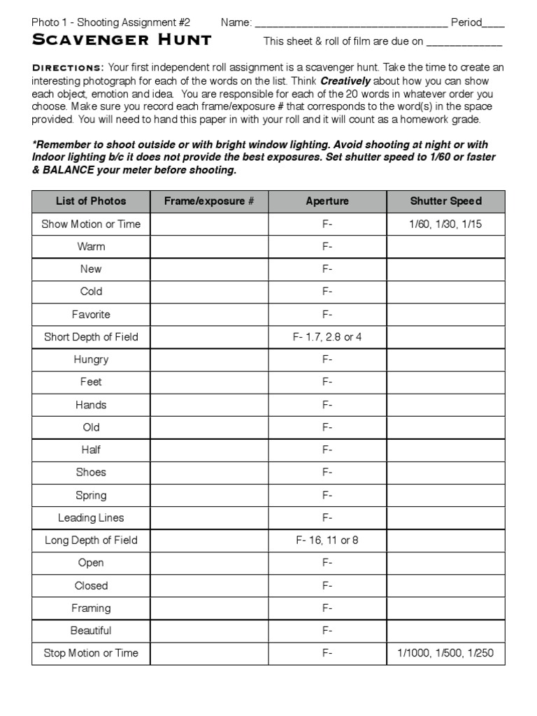 Photography Scavenger Hunt Assignment | PDF