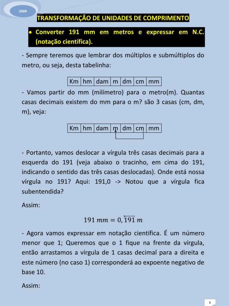 Transformação de Unidades de Comprimento | PDF | Metro | Notação