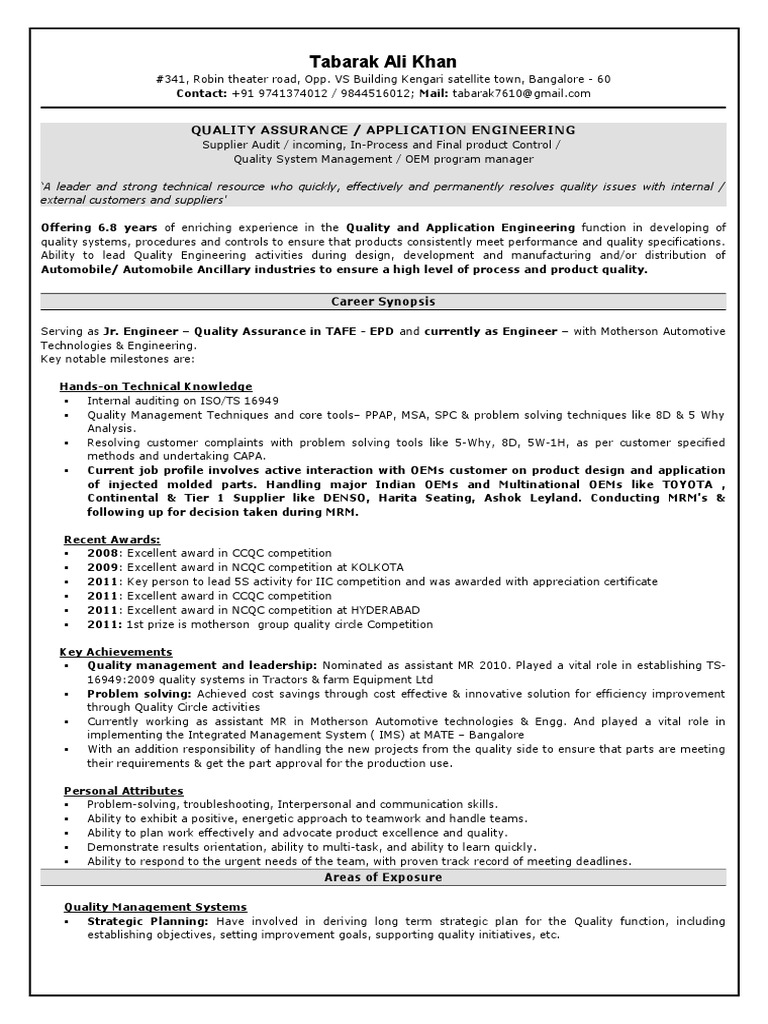Tabarak Ali Khan: Quality Assurance / Application Engineering | PDF | Economies | Business