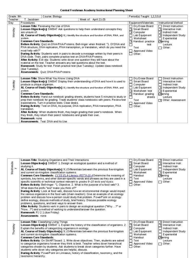 9th Grade Biology Lesson Plans | PDF | Life Sciences | Nucleotides