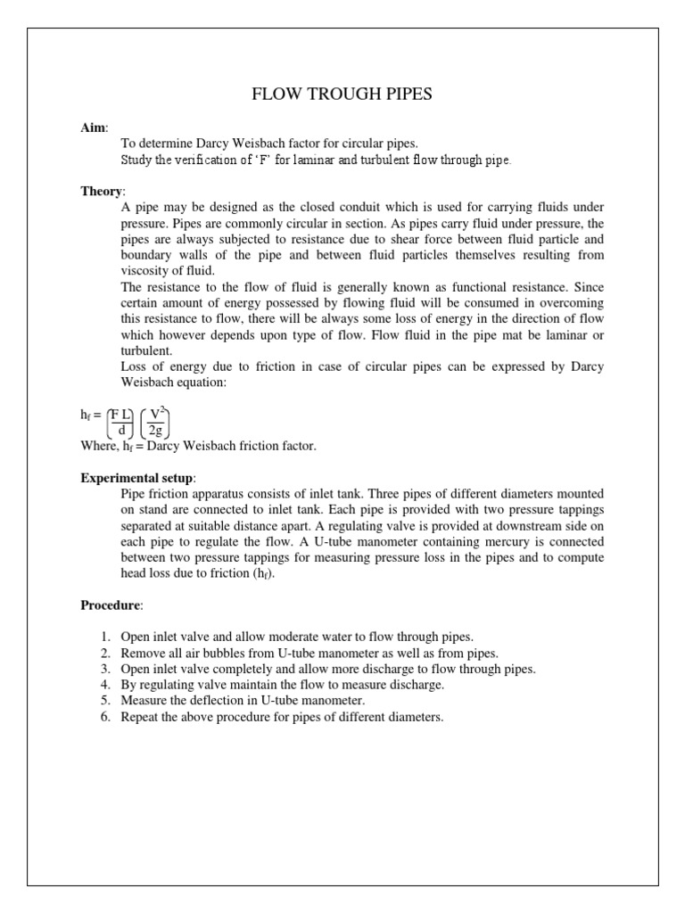 Experiment On Flow Through Pipes | PDF | Fluid Dynamics | Friction