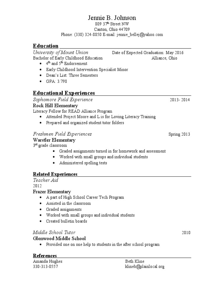 Jennie Johnsons Resume For Teacher Program | PDF
