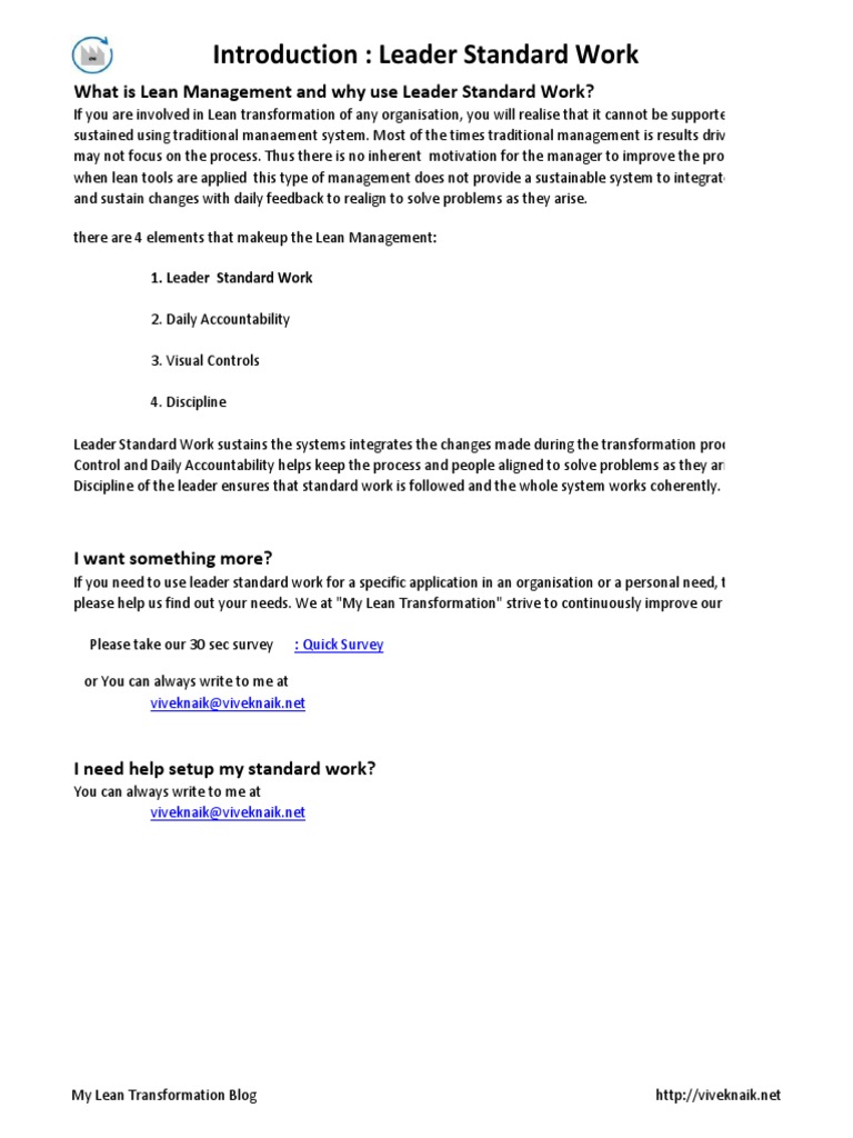 Leader Standard Work V1.0 | PDF | Lean Manufacturing | Accountability